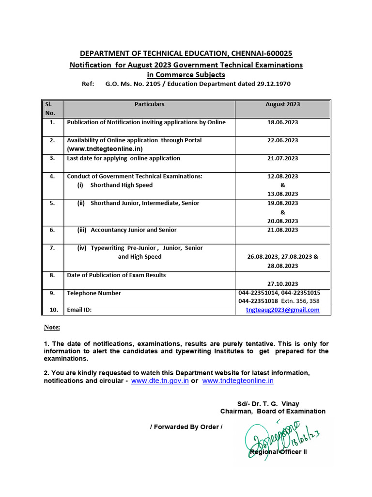 Department of Technical Education, Chennai-600025 Notification For ...