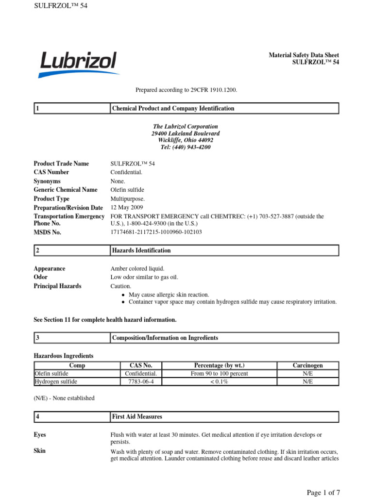 Msds Sulfrzol (TM) 54 | PDF | Toxicity | Combustion