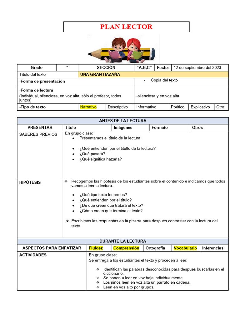 Plan Lector 14 Y 15 Septiembre 050809 Pdf Comprensión Lectora