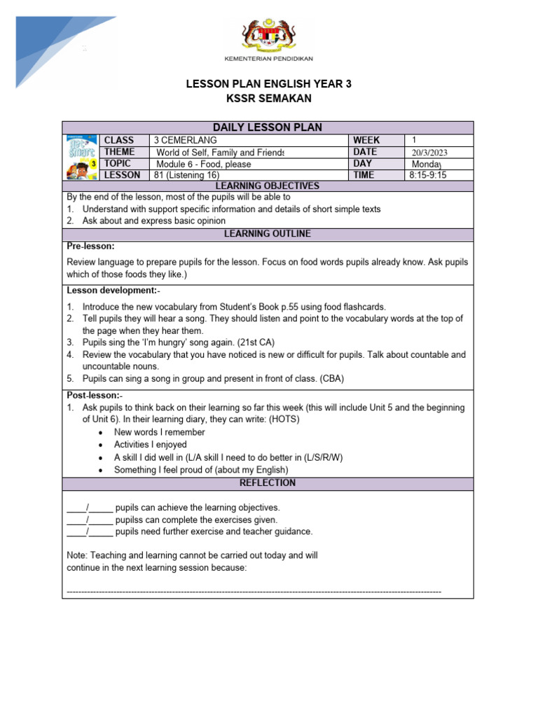 RPH BI THN 3 NEW 6 - Module 6 (LP81-96) Pencerapan | PDF | Lesson Plan ...