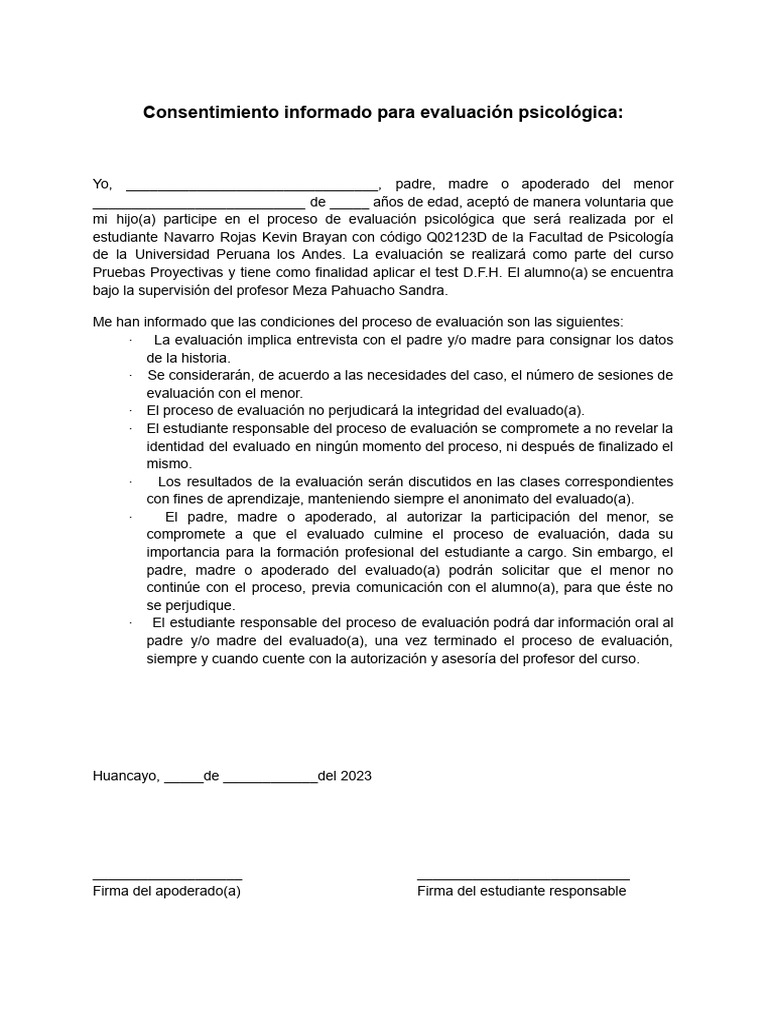 Consentimiento Informado Para Evaluación Psicológica 1 Pdf