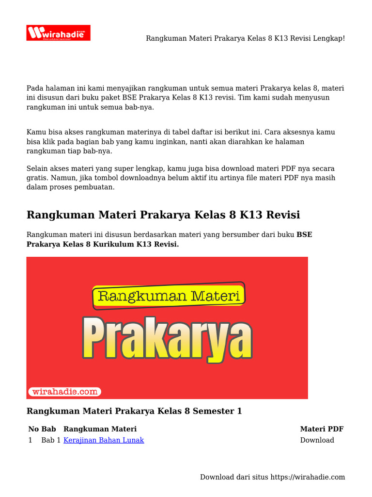 Rangkuman Materi Prakarya Kelas 8 K13 | PDF