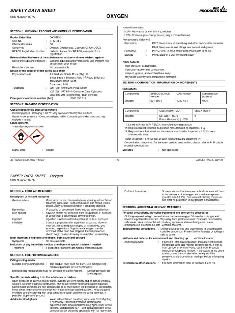 MSDS 097A APSAP Oxygen GenInd GHS 2021 01 | PDF | Chemical Substances | Oxygen