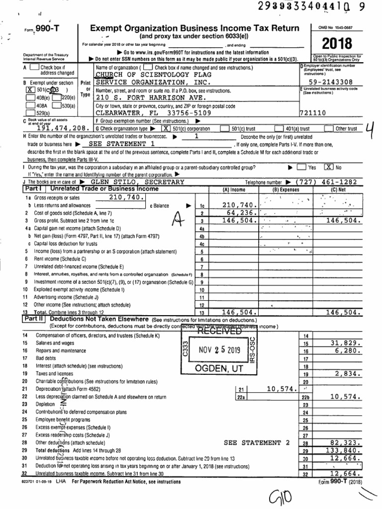 Church of Scientology, Flag Service Organization (FSO) IRS Form 990-T ...
