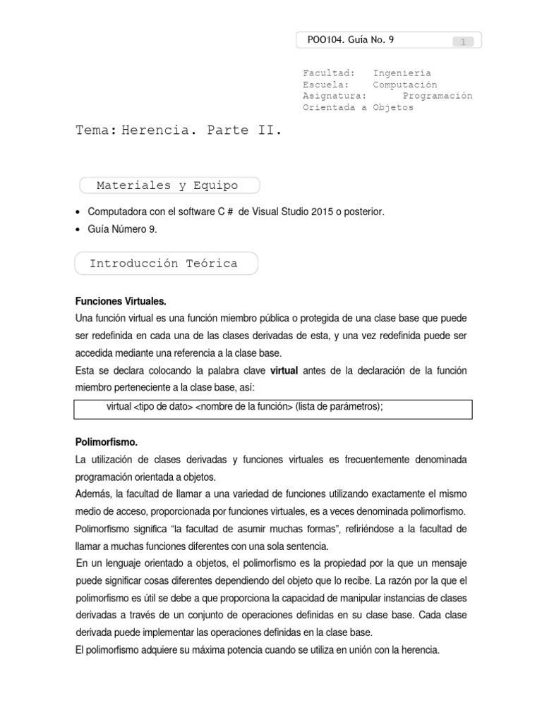 Guía No. 9 Herencia parte II | PDF | Herencia (Programación Orientada a Objetos) | Objeto ...
