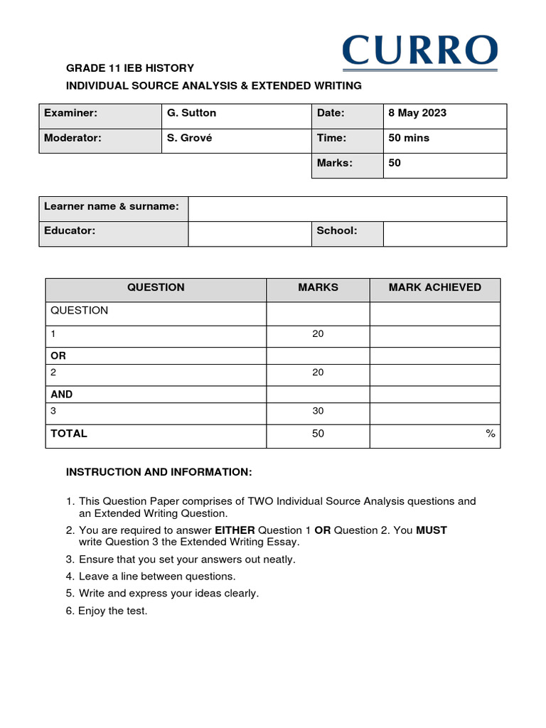 GRADE 11 IEB HISTORY (Final) Test May 2023 v2 | PDF | Traffic | Transport