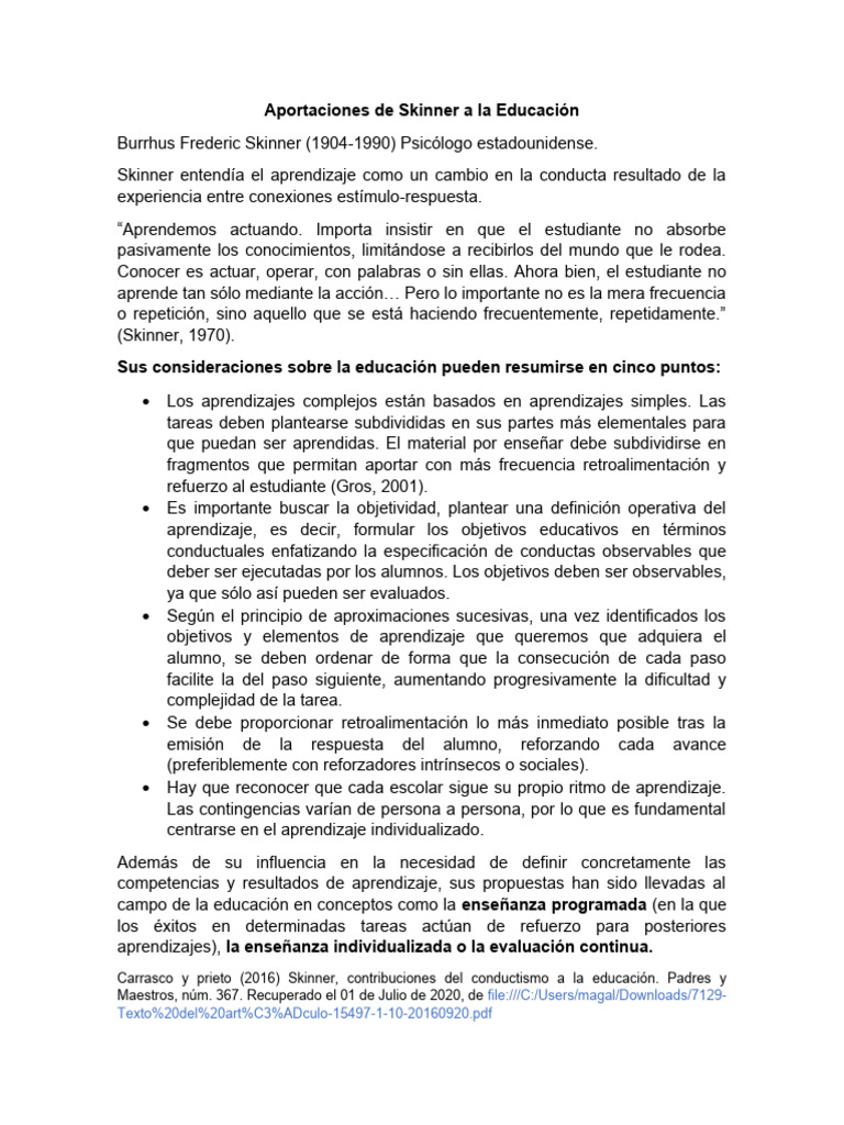 Aportaciones de Skinner en Educación | PDF | Aprendizaje | Enseñando
