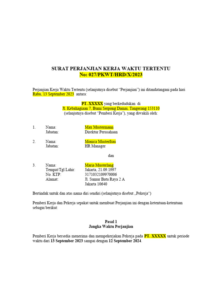 Muster PKWT 2023 2024 | PDF