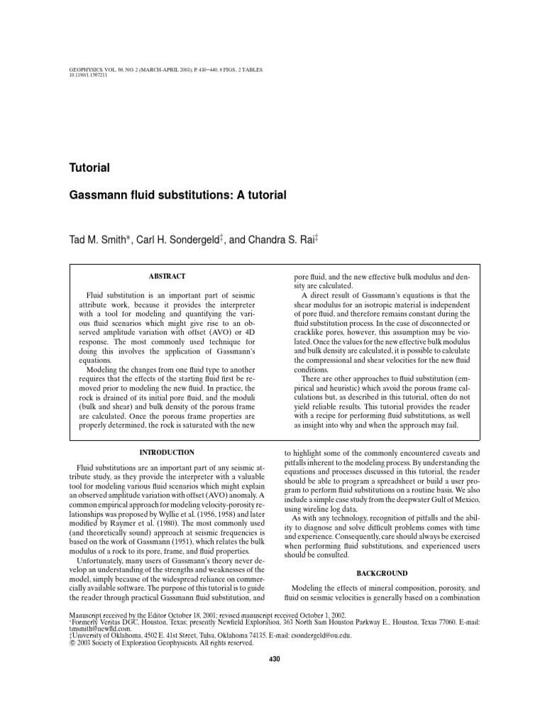 Gassmann Fluid Substitutions A Tutorial Pdf Porosity Shear Stress 4544