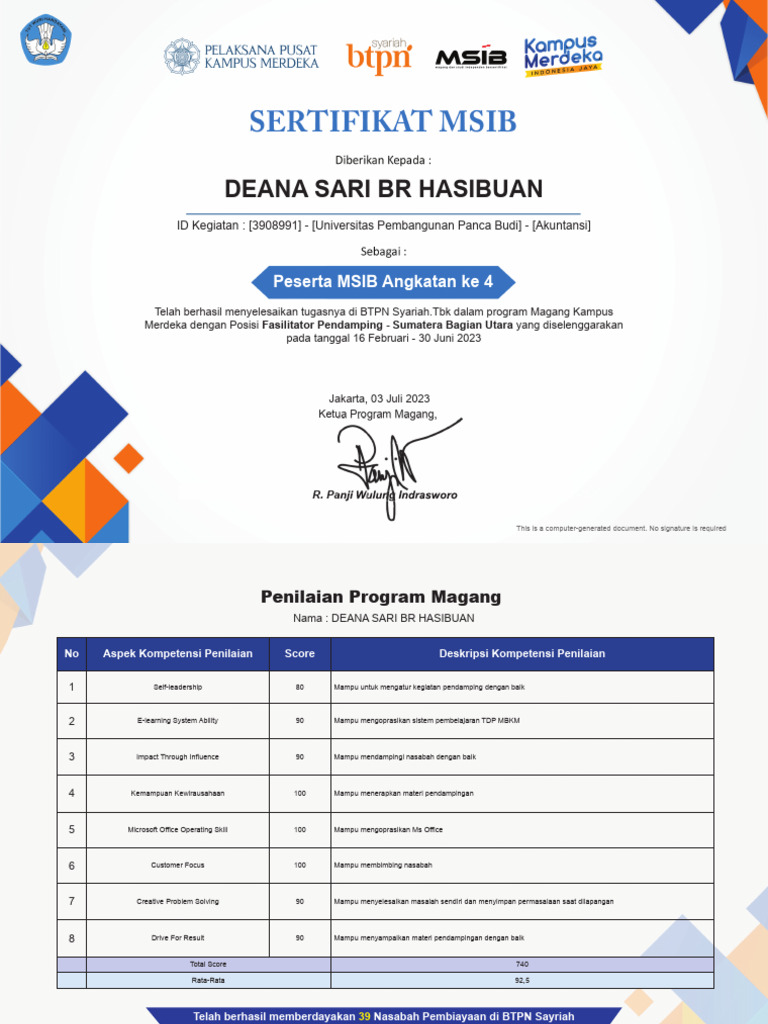 Sertifikat Kampus Merdeka Batch 4_Deana Sari BR Hasibuan | PDF