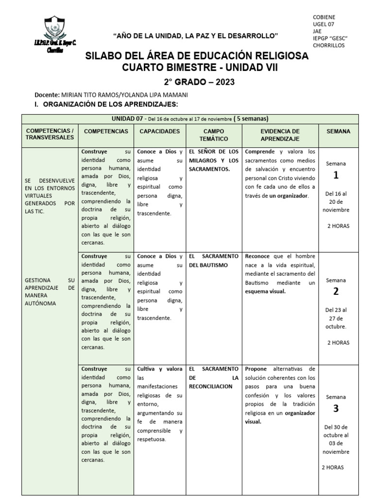 Sillabus 2do Iv Bim Religion 2023 | PDF