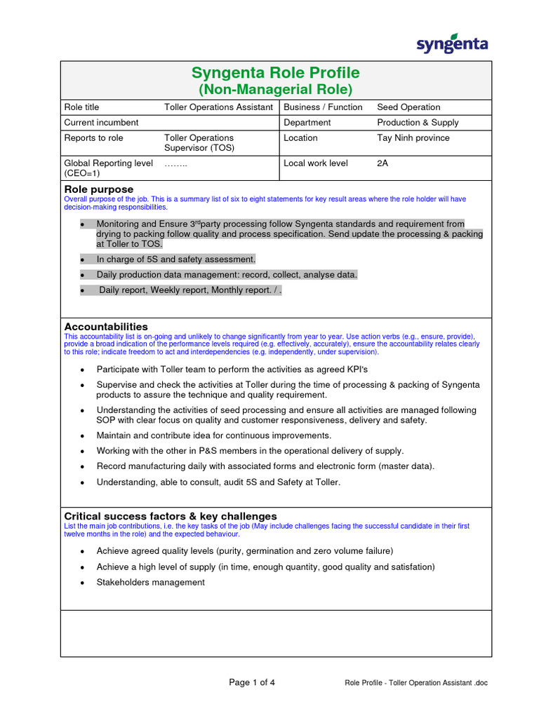 Role Profile - Toller Operation Assistant | PDF | Leadership | Information
