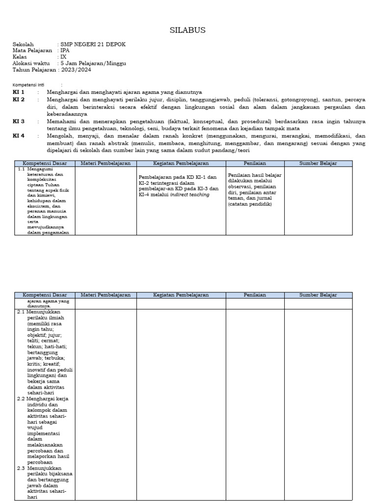 Silabus IPA Kelas IX SMP 2023/2024 | PDF | Karier & Perkembangan | Pengembangan Diri