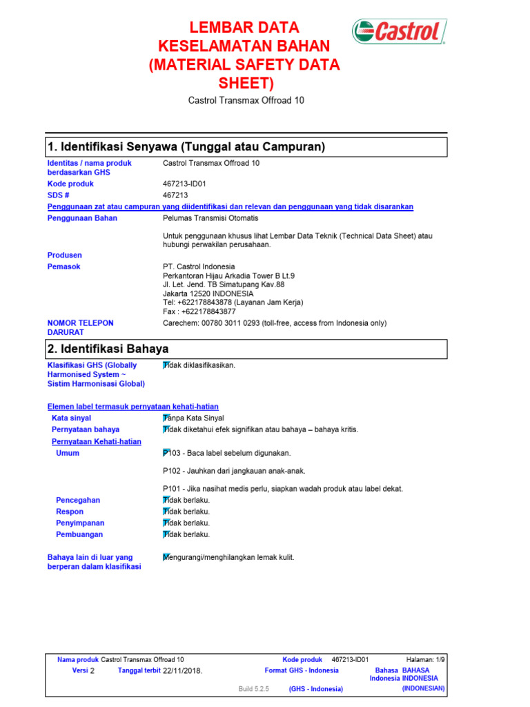 03 Castrol Transmax Offroad 10 - MSDS (Indonesia) - 111346 | PDF