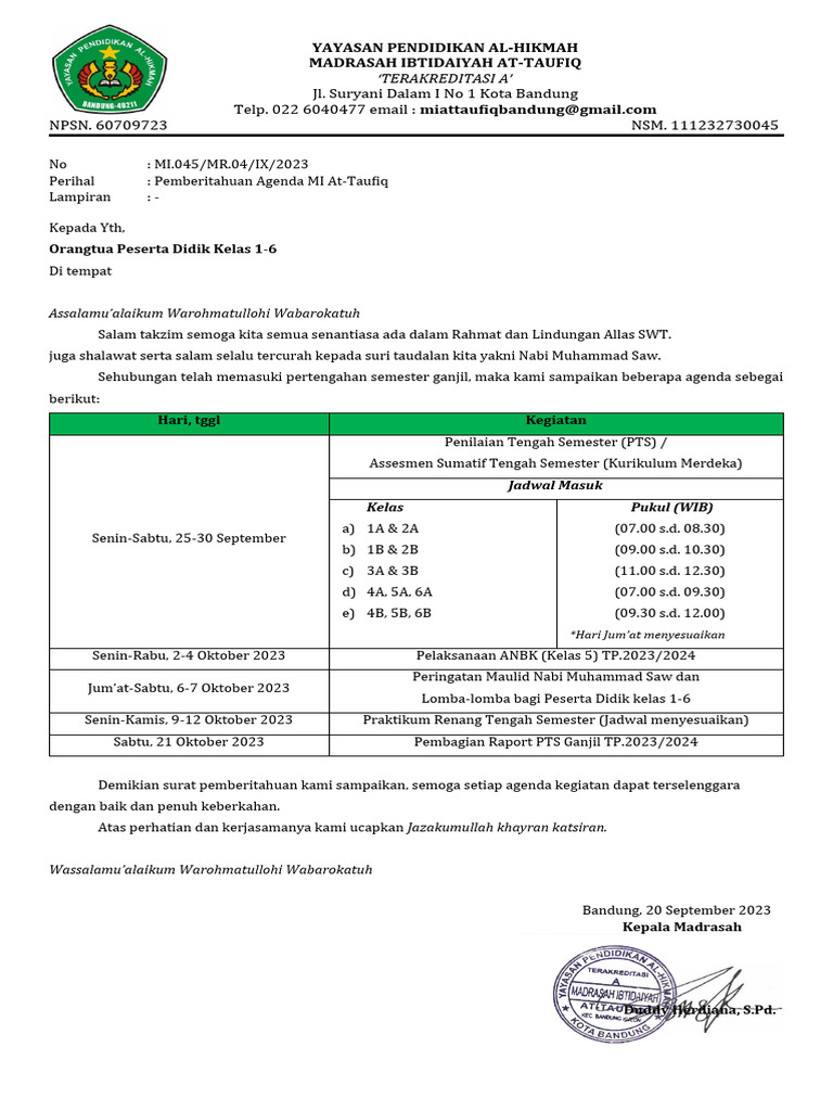 Surat Pemberitahuan PTS Semester Ganjil 2023-2024 | PDF