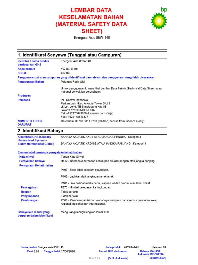 16 BP Energear Axle 85W-140 - MSDS (Indonesia) - 111306 | PDF