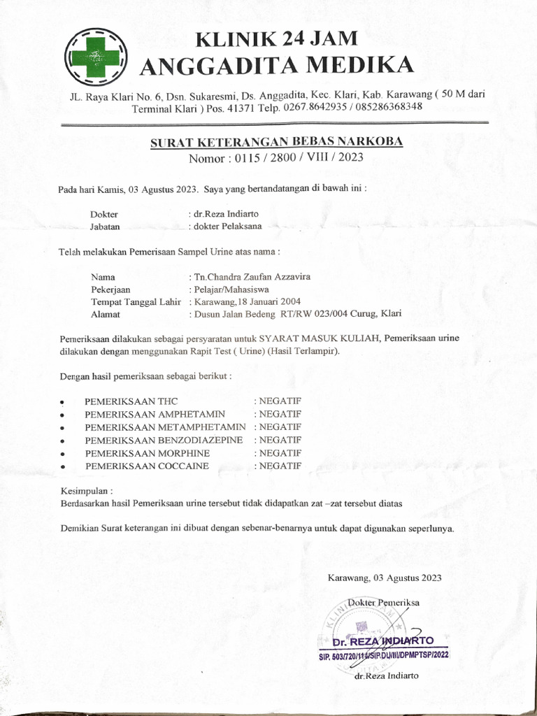 Surat Keterangan Bebas Narkoba (SKBN) | PDF