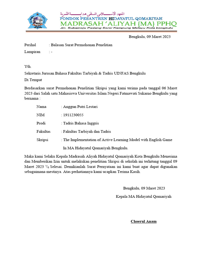 Surat Balasan Penelitian HQ | PDF