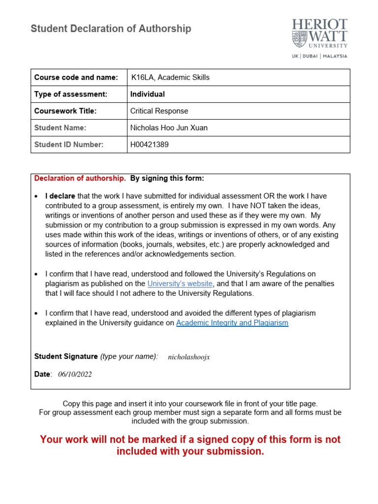 Nicholas Hoo Jun Xuan (H00421389) - Student Declaration Form | PDF