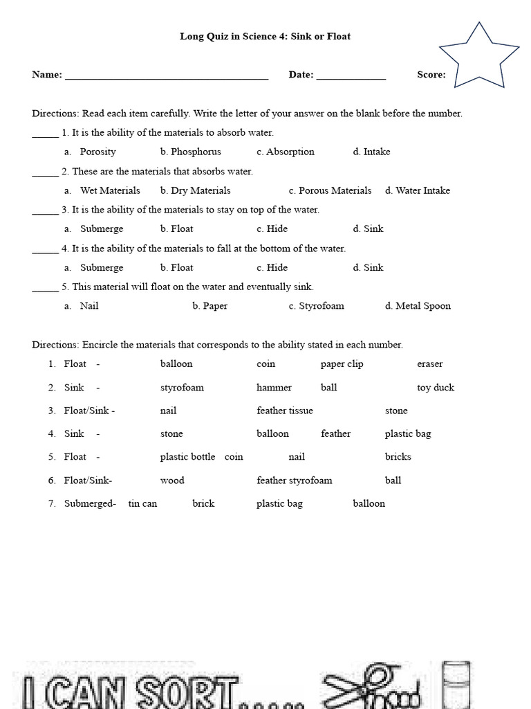 Science Quiz: Sink or Float Concepts | PDF | Language Arts & Discipline