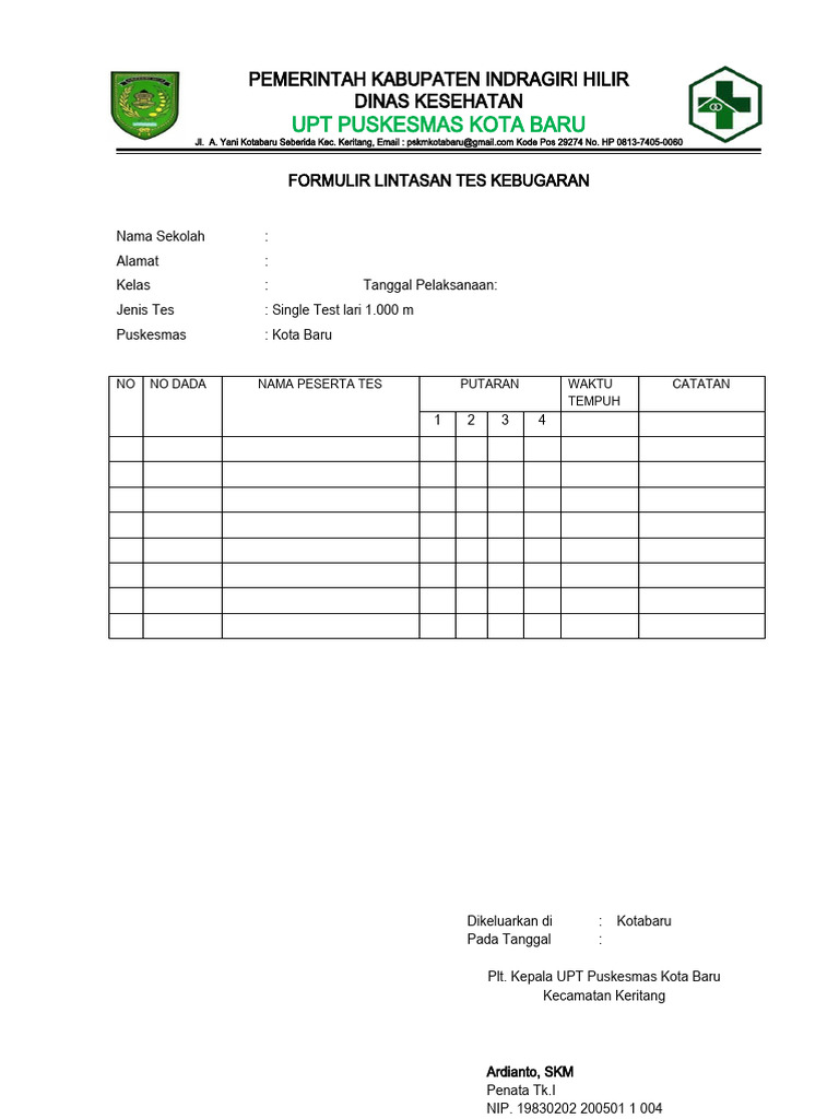 Form Lintas Tes Kebugaran Anak Sekolah | PDF