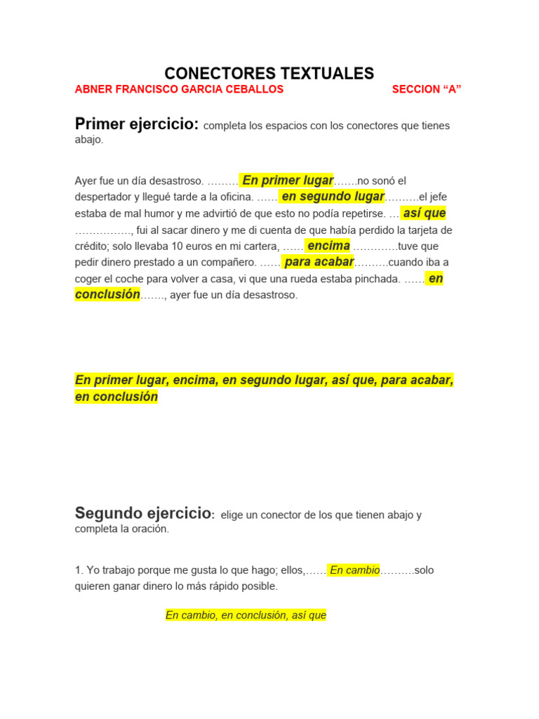 CONECTORES TEXTUALES (Ejercicios) | PDF