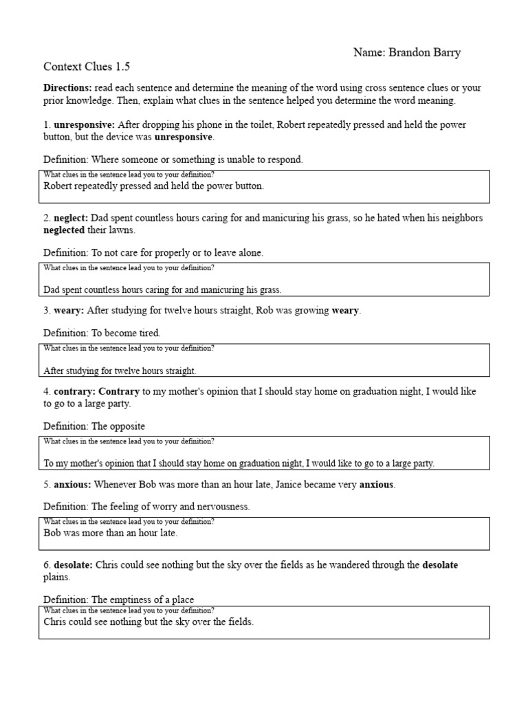 Context Clues Worksheet 1 5 | PDF