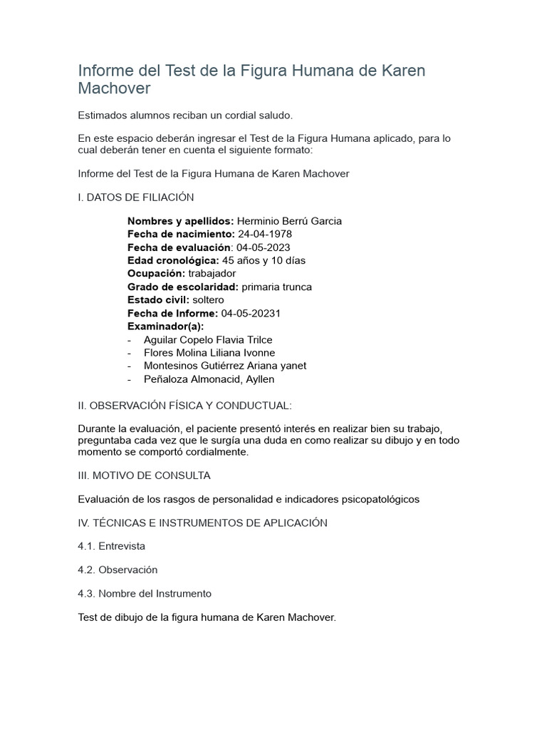 Informe Del Test de La Figura Humana de Karen Machover | PDF