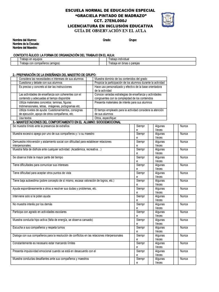 Formato Guía De Observación En El Aula Pdf Aprendizaje Enseñando