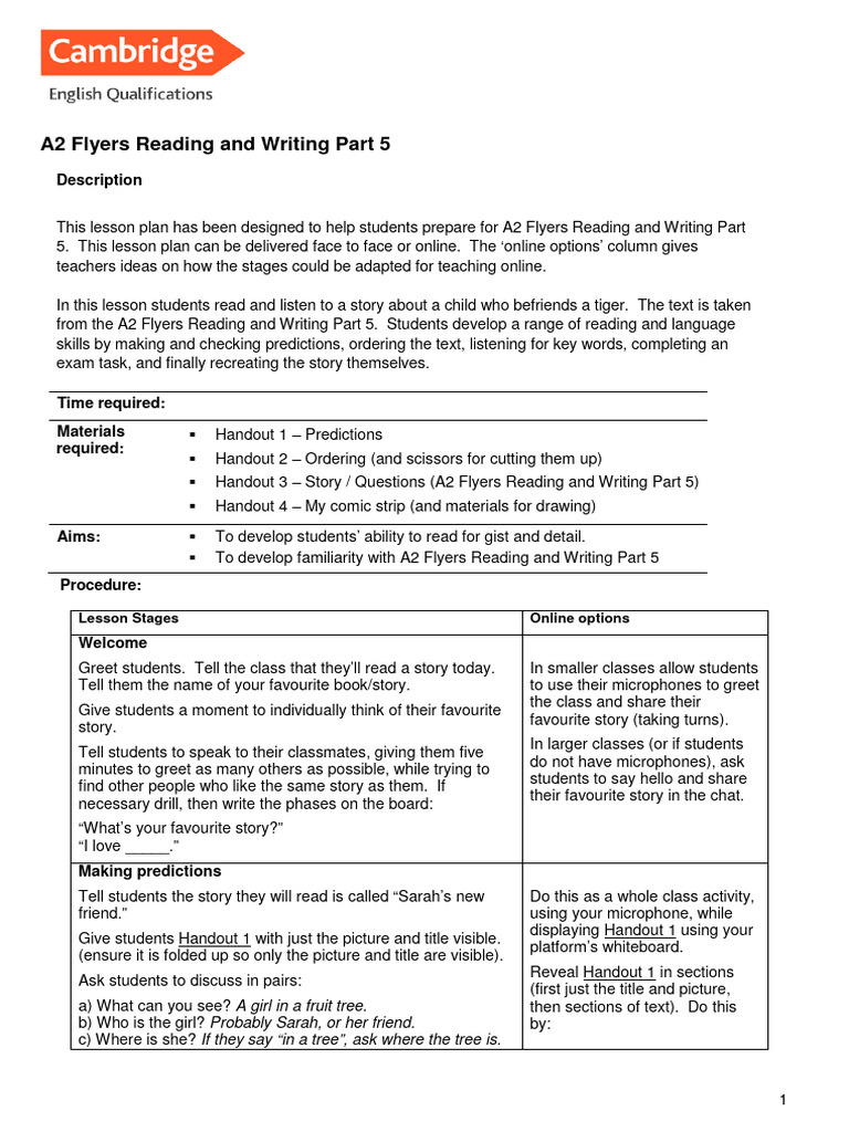 Online Teaching A2 Flyers Reading and Writing Part 5 | PDF