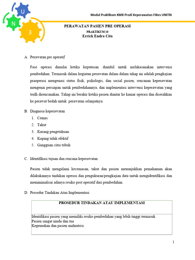 Modul Praktikum PERAWATAN PASIEN PRE OPERASI | PDF