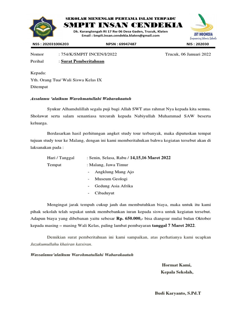 Surat Pemberitahuan Study Tour | PDF