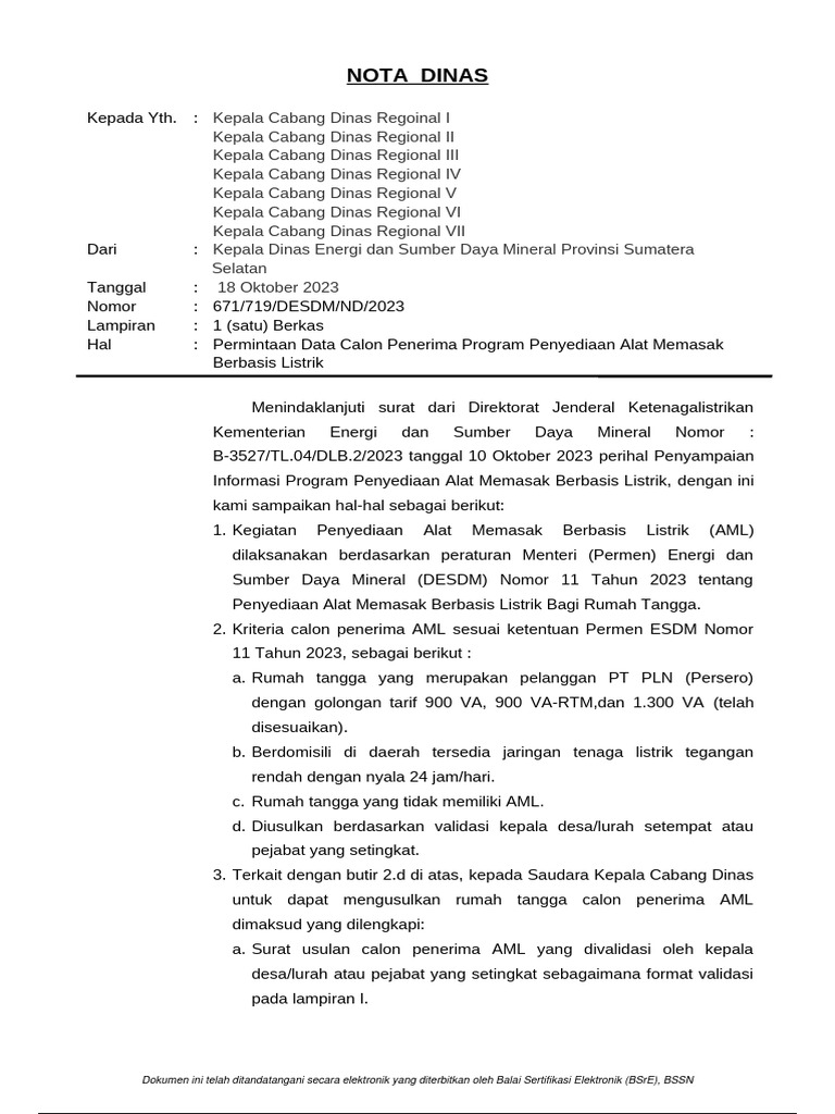 Nota Dinas Permintaan Data Calon Penerima Program Penyediaan Alat Memasak Berbasis Listrik | PDF