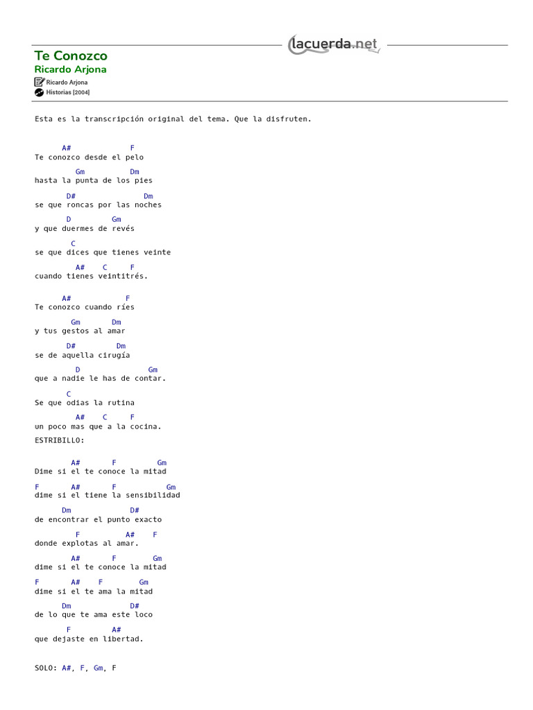 TE CONOZCO, Ricardo Arjona - Acordes | PDF | Artes del Lenguaje y ...