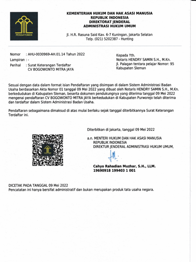 Akta Pendirian CV. Bogowonto Mitra Jaya | PDF