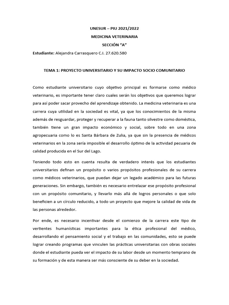 Tema 1 Proyecto Universitario y Su Impacto Socio Comunitario | PDF | Medicina Veterinaria | Medicina
