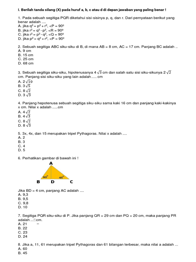 Soal Teorema Pythagoras SMP Kelas 8 Del | PDF