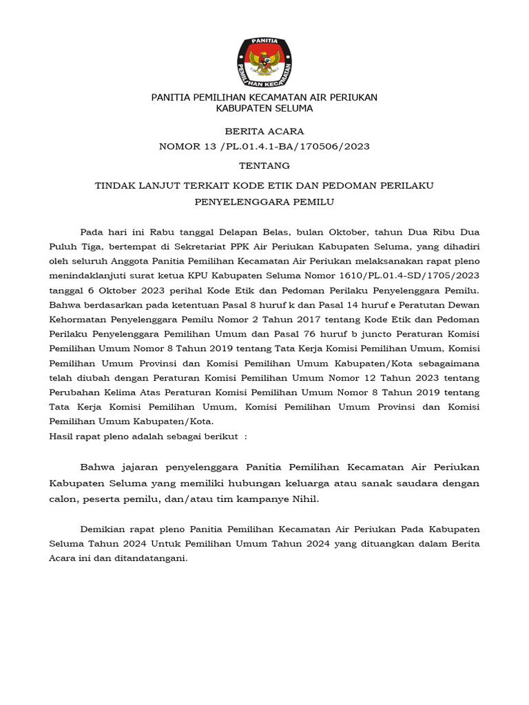 Contoh Ba PPK Tindak Lanjut Kode Etik | PDF