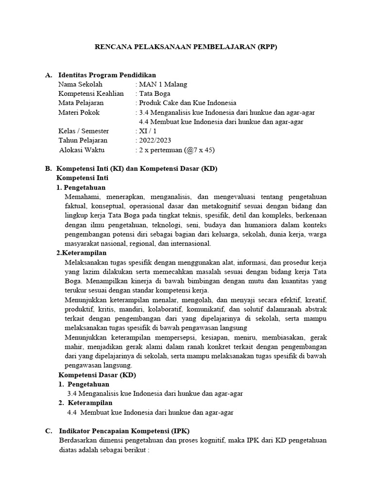 RPP Kue Indonesia: Hunkwe & Agar-Agar | PDF | Seni | Kesehatan Holistik