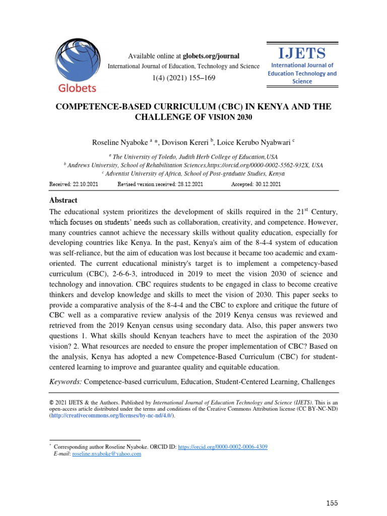 Competence-Based Curriculum (CBC) in Kenya and The Challenge of Vision ...
