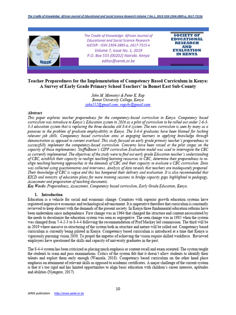Teacher Preparedness For The Implementation of Competency Based Curriculum in Kenya | PDF ...