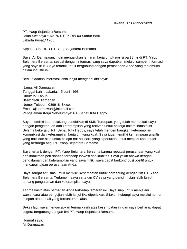 Surat Lamaran Kerja Part Time | PDF