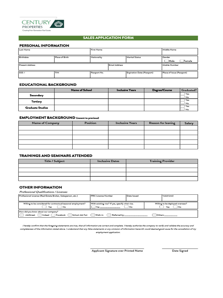 Sales Application Form | PDF