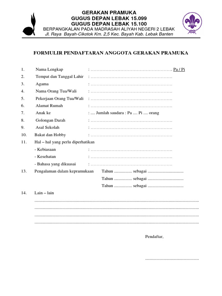 Formulir Pendaftaran Anggota Gerakan Pramuka | PDF | Olahraga ...