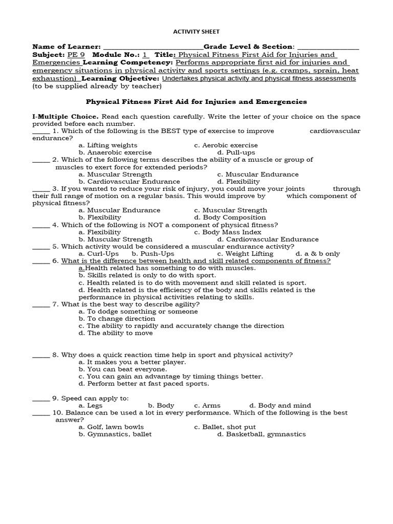 PE9 MOD1 Activity-Sheet | PDF | Physical Fitness | Skeletal Muscle