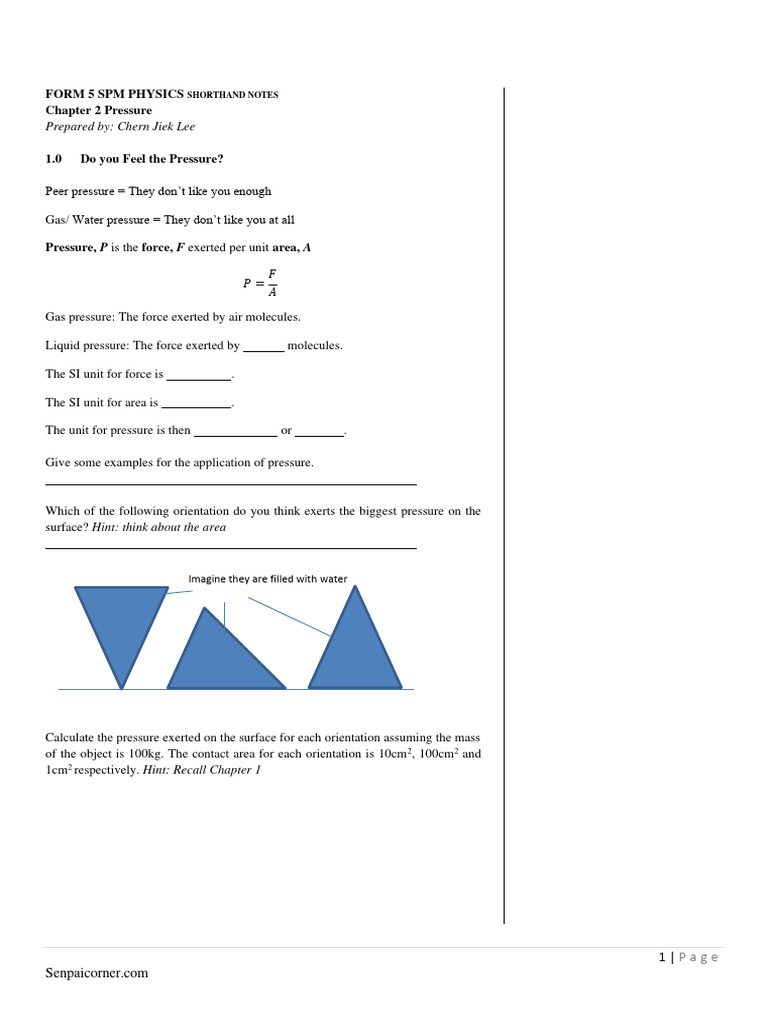 SPM Physics Notes: Chapter 2 Pressure | PDF | Pressure | Gases