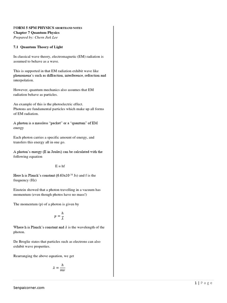 FORM 5 Chapter 7 Quantum Physics | PDF | Photoelectric Effect | Photon