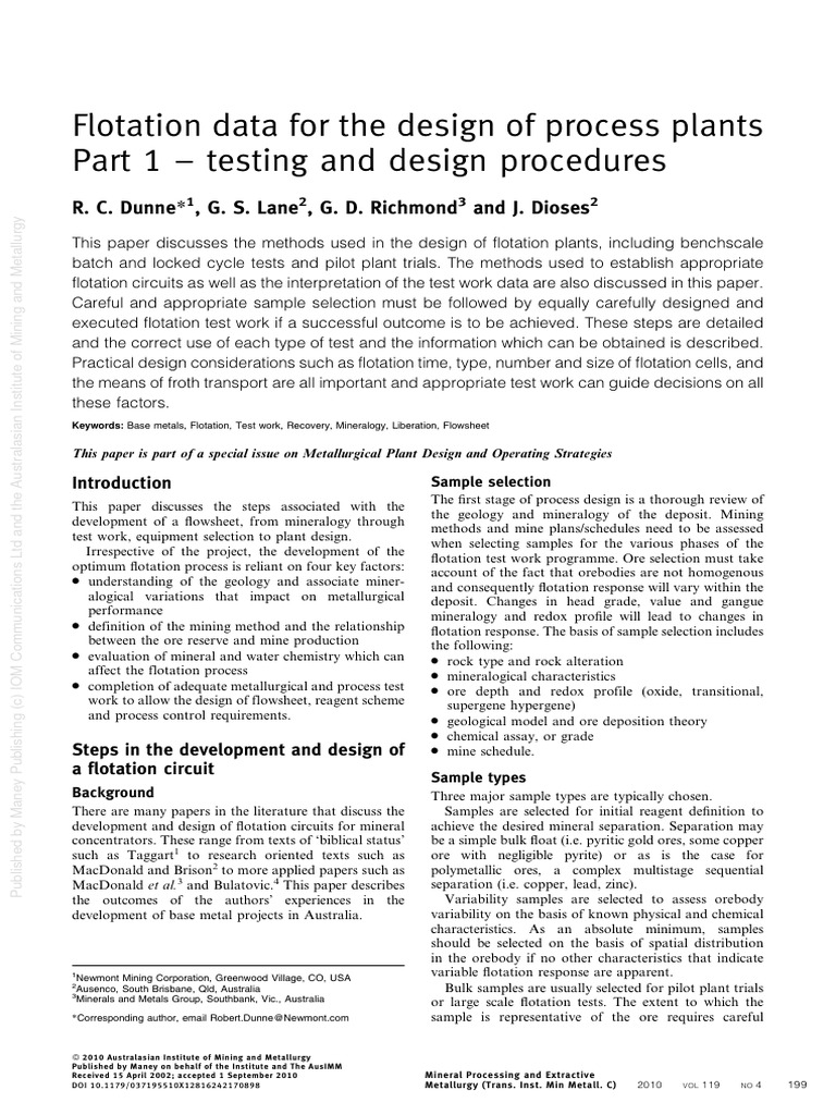 Flotation Data For Design of Process Plants-Dunne 1 | PDF