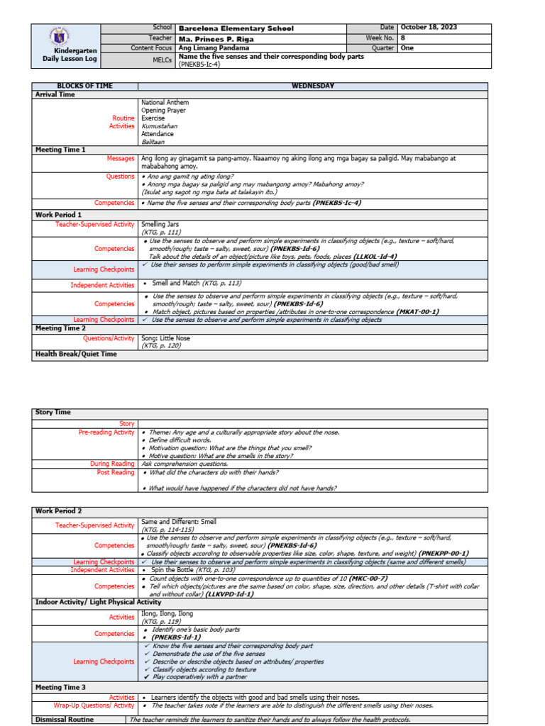 Five Senses Lesson Plan for Kindergarten | PDF