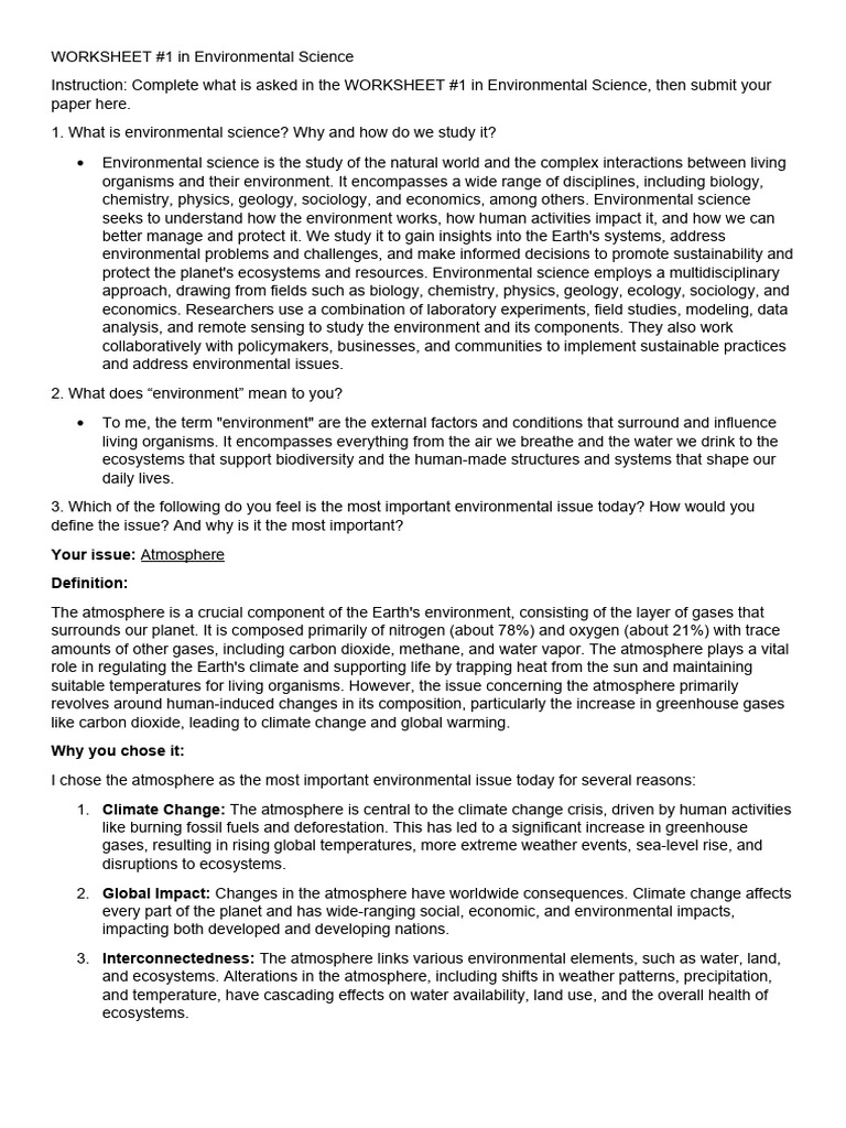 WORKSHEET #1 in Environmental Science | PDF